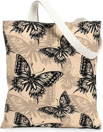 Generic Sac fourre-tout en toile avec imprim&eacute; papillon, vintage, l&eacute;ger, lavable, pour le shopping, les voyages, la plage, beige, 13x15 Inch