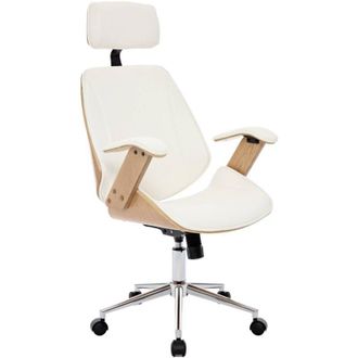 Sweeek Chaise de bureau &agrave; roulettes d&eacute;cor bois courb&eacute; placage effet ch&ecirc;ne et simili cuir blanc
