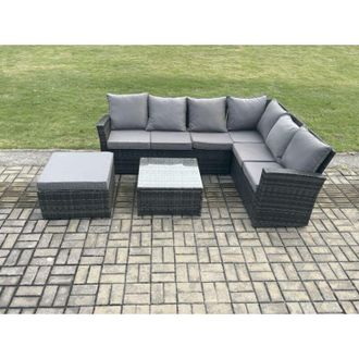 Fimous Polyrattan Gartenm&ouml;bel Set Outdoor Lounge Ecksofa Set mit Quadratischer Couchtisch 2 Gro&szlig;er Hockern 7-Sitzer Dunkelgrau Gemischt - Fimous