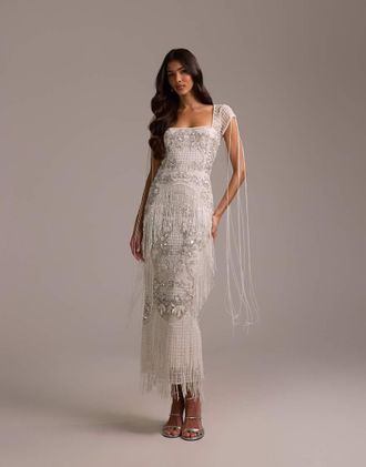 Asos Robe de mari&eacute;e longue et ornement&eacute;e &agrave; franges et encolure carr&eacute;e - Ivoire-Blanc