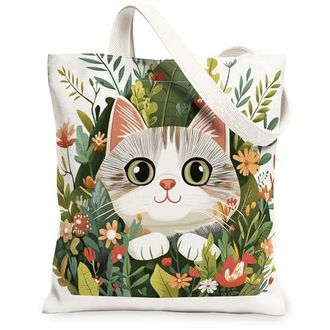 Generic Sac fourre-tout en toile motif chat exotique &agrave; poils courts pour le shopping, 33 x 38 cm, sac d&eacute;picerie r&eacute;utilisable avec motif imprim&eacute; de plantes, fl