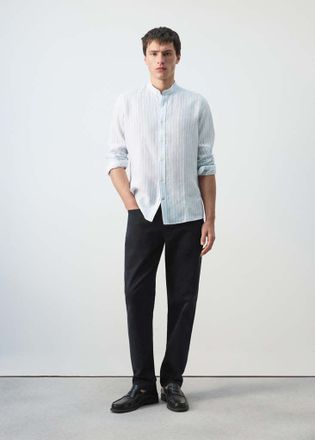 Mango Chemise 100 % lin col mao &agrave; rayures bleu ciel - Homme - XXL - MANGO MAN