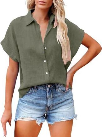 Generic Chemisier en lin pour femme - Grandes tailles - Chemise en lin &agrave; manches courtes - Noir - Pour femme - Chemisier d&eacute;t&eacute; en mousseline avec boutons - Tun