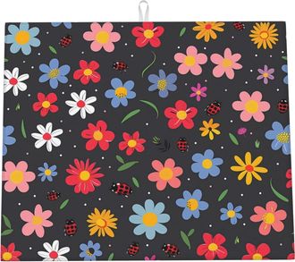 Generic Abtropfmatte Geschirr Vintage Boho Blumen Marienk&auml;fer Kaffeevorleger Mikrofaser Abtropfunterlage F&uuml;r Arbeitsplatten K&uuml;chentheke Teetisch 46X61Cm