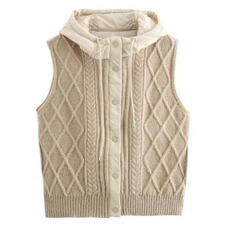 Generic Gilet &agrave; capuche pour femme, pull chaud en tricot matelass&eacute;, veste l&eacute;g&egrave;re et &eacute;paisse, sans manches, style vintage d&eacute;contract&eacute;, kaki, Taille unique