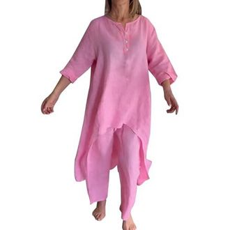 Generic Tenues de voyage deux pi&egrave;ces en coton et lin pour femme, chemises irr&eacute;guli&egrave;res &agrave; manches longues, taille haute, pantalon droit, ensembles de v&ecirc;tements