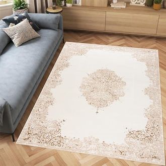 Tapiso Hera Tapis Poil Court Brillant Marron Cr&egrave;me Beige Vintage Classique M&eacute;daillon Floral Ornamental Bord&eacute; Mouchet&eacute; Effet 3D Tapis Salon Chambre Oeko-TEX R