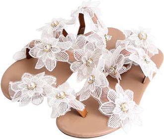 Soimiss Sandales Plates d&Eacute;t&eacute; pour Femmes Orn&eacute;es de Perles et Fleurs Tridimensionnelles Taille 40 Couleur Blanche Semelle Antid&eacute;rapante Confortable Style pour 