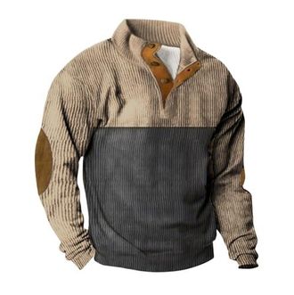 Generic Pull Henley en velours côtelé pour homme avec col en V boutonné 1/4 - Pull thermique à manches longues en velours côtelé chaud, kaki, XXL