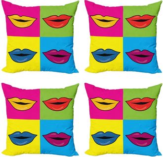 Abakuhaus Pop-Art Kissenbezug Set (4 St&uuml;ck), Farbige Lippen in Squares, moderner doppelseitiger Digitaldruck, 45 cm, Mehrfarbig