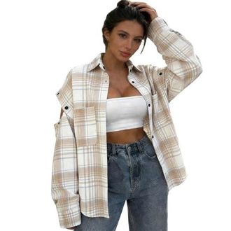 Generic DUHENWU Chemise &agrave; carreaux &agrave; manches longues pour femme - Chemise de loisirs boutonn&eacute;e - Coupe droite - D&eacute;contract&eacute;e - Col en V - Chemise daffaires - 