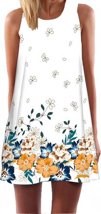 Ocean Plus Damen Sommer Mini &Auml;rmellos Bunt Tops Kleider Pfau Strandkleider Kurz A-Linie Kleid Ohne Arm Feizeitkleid (S (EU 34-36), Kleine orangefarbene Blumen)