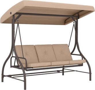 OUTSUNNY Balancelle de jardin convertible 3 places avec coussins m&eacute;tal polyester kaki