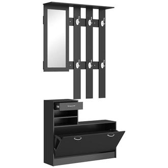 HOMCOM Ensembles 3 en 1 de Meuble dentr&eacute;e vestiaire avec Panneau Porte-Manteau, Miroir et Banc &agrave; Chaussures - 6 Crochets et &eacute;tag&egrave;re r&eacute;glable, Noir
