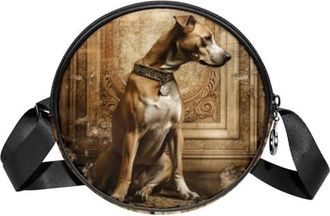 Generic Sac &agrave; bandouli&egrave;re rond pour femme, motif chien vintage, petit sac &agrave; bandouli&egrave;re avec fermeture &eacute;clair, bretelles r&eacute;glables, sac &agrave; main rond d&eacute;contract