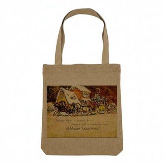 Fabulous Sac Shopping Tote Bag Aspect Lin - Merry Christmas Pere Noel Traineau Peinture Vintage Retro - Sac de Courses Toile Epaisse 360g Beige Naturel Cabas P