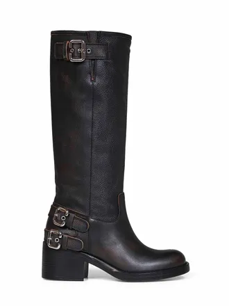 Chlo&eacute; Buckle-Strap Knee-High Calf Leather Boots - Black