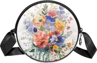 Generic Sac &agrave; bandouli&egrave;re rond pour femme, motif fleurs aquarelles, petit sac &agrave; dos &agrave; bandouli&egrave;re avec fermeture &eacute;clair, bretelles r&eacute;glables, sac &agrave; main rond 