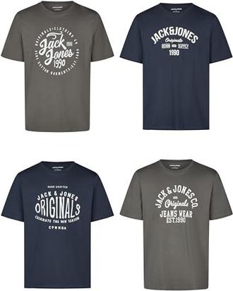 Jack & Jones JJLINO Lot de 4 t-shirts dété à col rond et manches courtes pour homme - Coupe droite - Noir, blanc, vert, rouge, bleu, gris, tailles S, M, L, XL, XXL