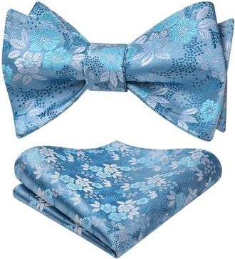 Hisdern Bleu Clair Papillon Homme Fleuri Réglable Noeud Papillon Bleu et Mouchoir de Poche Ensemble de Mariage Smoking