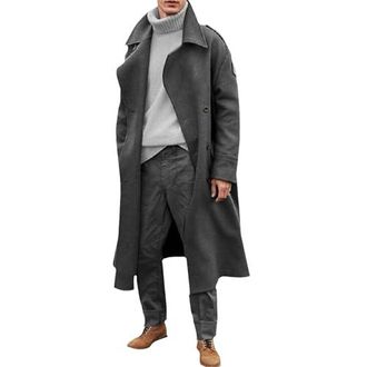 Generic Trench long &agrave; crant&eacute; pour homme en fausse laine m&eacute;lang&eacute;e, longueur genou, revers simple boutonnage, veste longue dhiver, gris, XXL