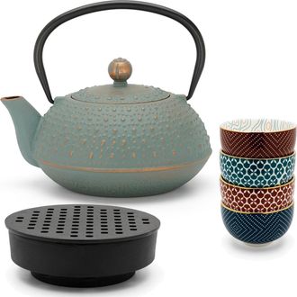 Bredemeijer Teekanne 0.9 Liter - kleine blaue Asia Gusskanne im Set mit 4 Tassen aus Porzellan & St&ouml;vchen inkl. Edelstahl-Tee-Filter-Sieb Einsatz