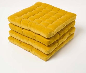 Homescapes 4er Set Sitzkissen Samt senfgelb - Stuhlkissen 40x40 mit Bändern, Sitzauflagen Baumwollsamt, bequem, weich & Oeko-TEX-Zertifiziert