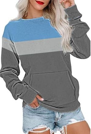 Generic Sweatshirts Femme Pull Femme Robes Col Rond Confortable Pull Mode Doux Sportif Color Block Pull Femme Crop Manches Longues Hiver Pull Large Sport Femm