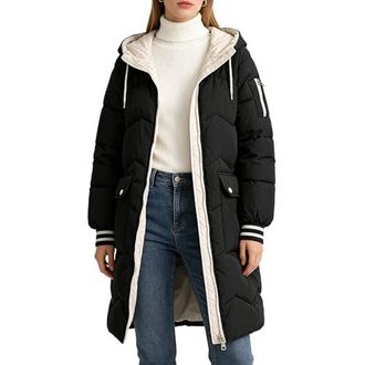 Generic Manteau dhiver long et imperm&eacute;able pour femme, doudoune &eacute;paisse &agrave; capuche, parka matelass&eacute;e chaude avec fermeture &eacute;clair et poches, noir, taille L