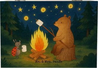 Mr. & Mrs. Panda Truhe B&auml;r & Marienk&auml;fer Lagerfeuer Design 22 x 15 cm - Geschenk, Schatulle, geschenkkiste, fotobox, Teddy, holzk&auml;stchen, Box, Kiste