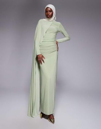 Asos Lang&auml;rmliges Maxikleid in Salbeigr&uuml;n mit Raffung und drapiertem Detail