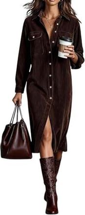 Generic Robe chemise midi boutonnée en velours côtelé pour femme, robe chemise dautomne boutonnée en velours côtelé, col en V, boutons vers le bas, marron fon