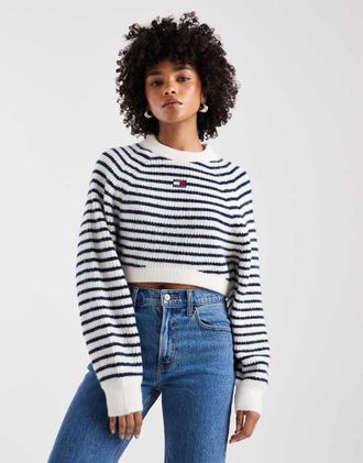 Tommy Jeans Pull court &agrave; rayures - Blanc et bleu