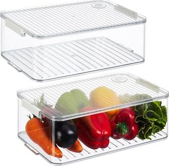 Relaxdays Kühlschrank Organizer, 2er Set, Kühlschrankeinsätze mit Deckel & Datum, HxBxT: 10,5 x 21 x 33 cm, transparent