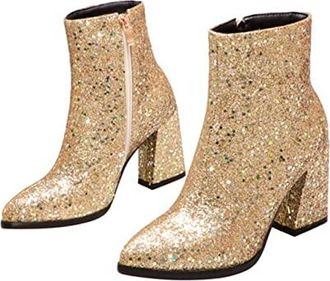 Frcolor Courtes Femme Automne Hiver à Talon Épais Style Sabot Paillettes Élégantes et Bout Bottines Dorées Résistantes pour Sorties et Fêtes