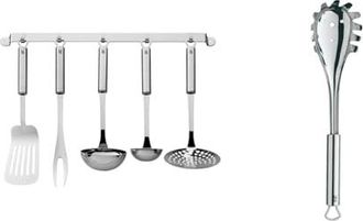WMF Profi Plus Küchenhelfer Set 6-teilig, Hängeleiste mit 5 Helfer, Schöpflöffel, Schaumlöffel & Profi Plus Spaghettilöffel 32 cm, Cromargan Edelstahl tei