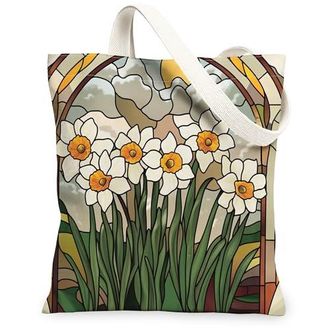 Generic Sac fourre-tout en toile avec fleurs de jonquille en verre teint&eacute; pour le shopping, 33 x 38,1 cm, sac d&eacute;picerie r&eacute;utilisable pour femme, motif floral 