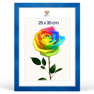 MG Design Bilderrahmen 25 x 35 cm - Fotorahmen mit Blau Holzrahmen (Echtholz) und bruchsicherem Acrylglas, Hoch & Quer zum Aufh&auml;ngen, zum Aufstellen
