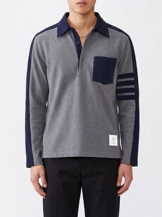 Thom Browne Lang&auml;rmeliges zweifarbiges Baumwoll-Poloshirt mit 4-Bar-Logo