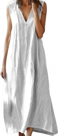 Generic Robe d&eacute;t&eacute; d&eacute;contract&eacute;e sans manches avec col en V pour femme, robe d&eacute;t&eacute; l&eacute;g&egrave;re et respirante, robe d&eacute;t&eacute; &eacute;l&eacute;gante pour la plage, les vacances, blanc, 4