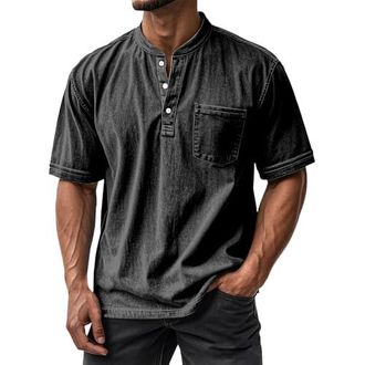 Generic Polo en coton pour homme, grande taille, col rond 1/4 bouton, avec poche poitrine, coupe confortable, couleur unie, t-shirt Henley pour l&eacute;t&eacute;, la plage