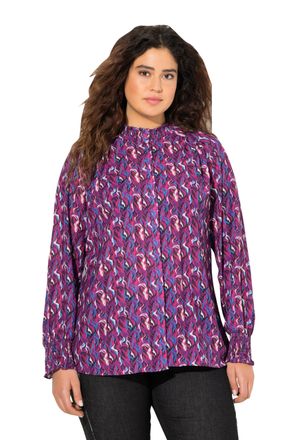 Ulla Popken Damen gro&szlig;e Gr&ouml;&szlig;en &Uuml;bergr&ouml;&szlig;en Plus Size Bluse, Smok-Details, A-Linie, Stehkragen, Langarm Dunkles violett 50+ 830592835-50+