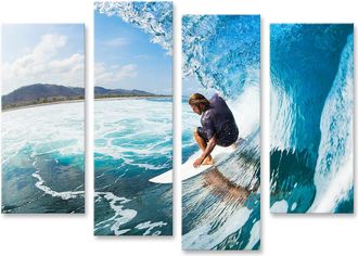 Islandburner Leinwandbild Surfer In Der Blauen Welle F&auml;ngt Den Rausch Der Ozeanbrise Ein - Leinwand 130x80cm - 4 Teile