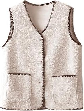 Generic Gilet en polaire l&eacute;ger avec col en V ouvert sur le devant boutonn&eacute; sans manches pour femmes, v&ecirc;tements dext&eacute;rieur d&eacute;contract&eacute;s et chauds avec poches, 