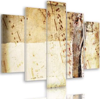 Feeby Wandbild XXL 5 Teilig Abstraktion Leinwandbild Musik Noten Frau braun 300x140 cm