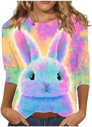 Generic Chemises de P&acirc;ques pour femmes - T-shirts graphiques amusants &agrave; manches 3/4 pour le printemps et l&eacute;t&eacute; - T-shirts Happy Easter, bleu ciel, XL