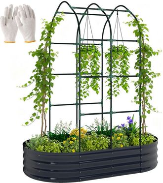 OUTSUNNY Jardini&egrave;re avec treillis - Outsunny - fond ouvert, gants inclus - m&eacute;tal - 160x90x180cm - gris fonc&eacute;