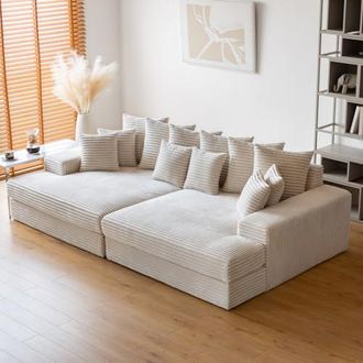 Concept Usine | Canap&eacute; 4 Places Cardiff Velours C&ocirc;tel&eacute; Beige | Modules Sym&eacute;triques | Coussins D&eacute;houssables | Assise Profonde Confort Mi-Ferme | Design Chic et D&eacute;con