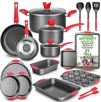 Nutrichef NutriChef T&ouml;pfe & Pfannen Set, 21-teiliges Antihaft Koch und Backset inkl. Muffinform, Brot & Pizza Blech, Utensilien, f&uuml;r Gas-, Elektro- & Keramik, f