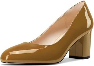 Castamere Femmes Mi Bloc Chunky Talon Heel Fermé Rond Bout Classique Escarpins Slip-on Dress Décontracté Chaussures 6.5 CM Heels Marron 37 EU